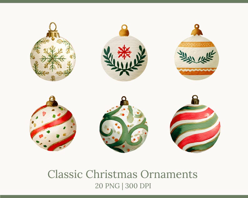 Christmas Ornaments Clipart, Watercolor Baubles PNG, Red Green Gold ...