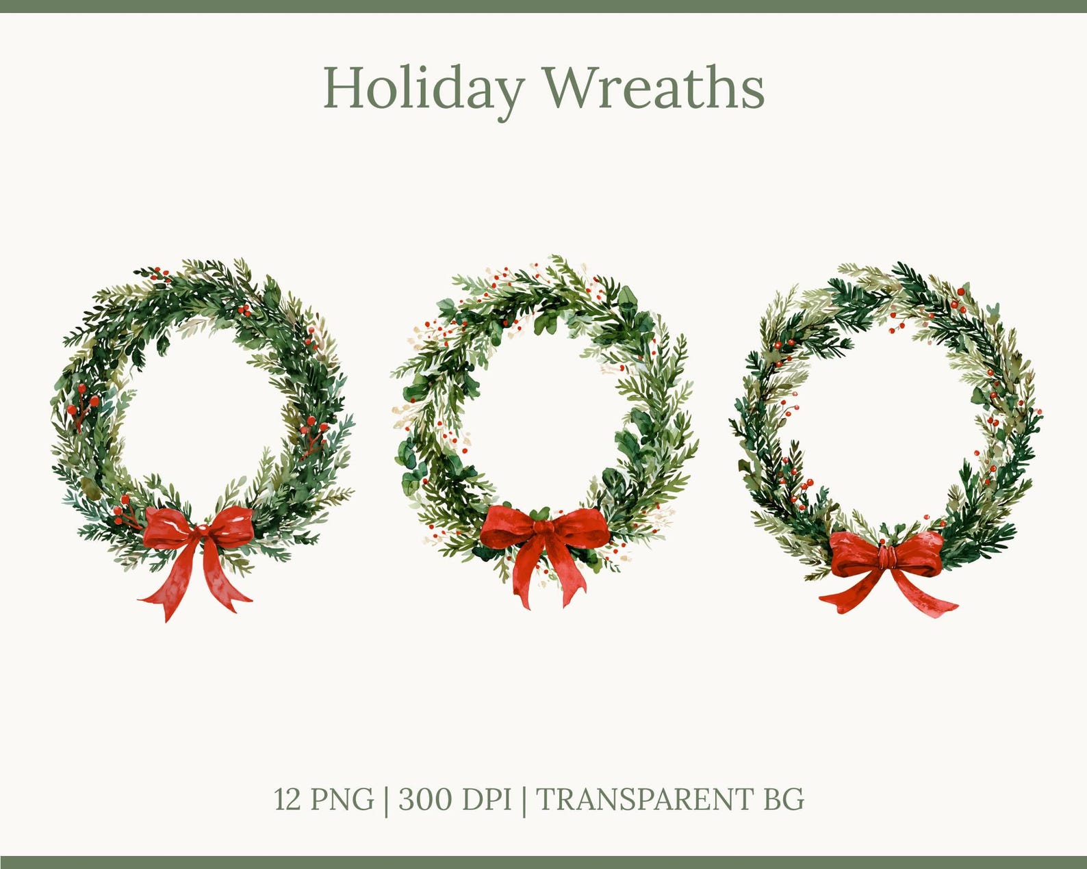 Watercolor Christmas Wreath Clipart, Holiday Greenery PNG, Botanical ...