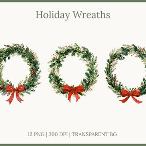 Watercolor Christmas Wreath Clipart, Holiday Greenery PNG, Botanical ...