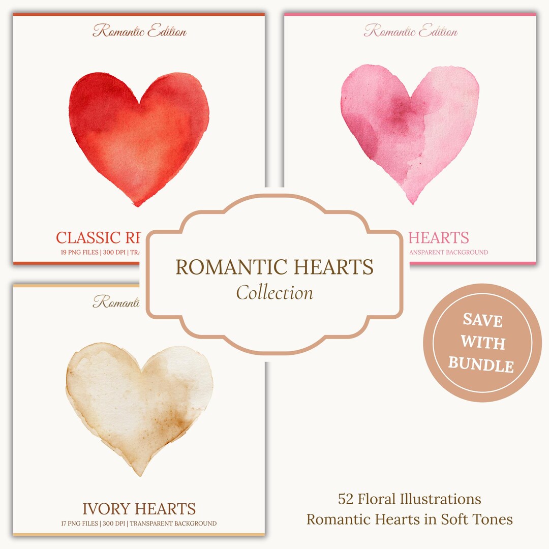 Valentine Hearts Clipart Bundle, Watercolor Heart PNG Set, Wedding ...