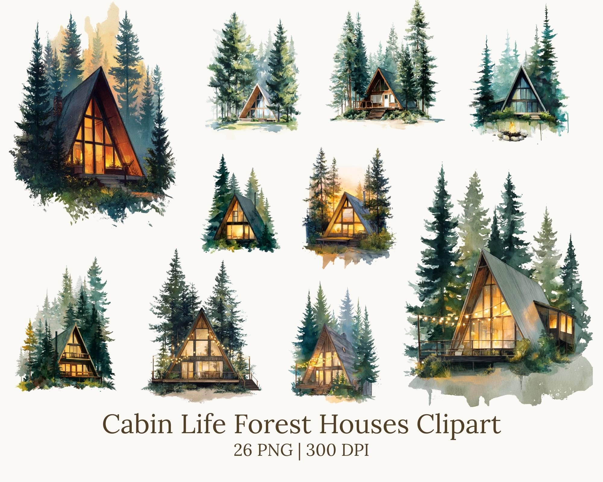 Watercolor Forest Cabin Clipart: A-frame House PNG (digital Download ...