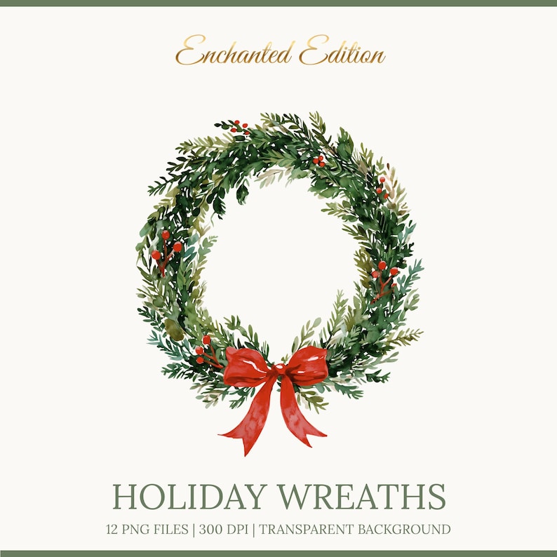 Watercolor Christmas Wreath Clipart, Holiday Greenery PNG, Botanical ...