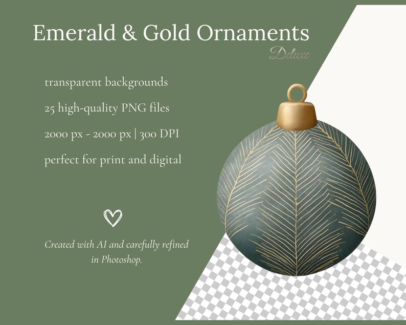 Watercolor Emerald Gold Christmas Ornaments, Green Baubles PNG, Ivory ...