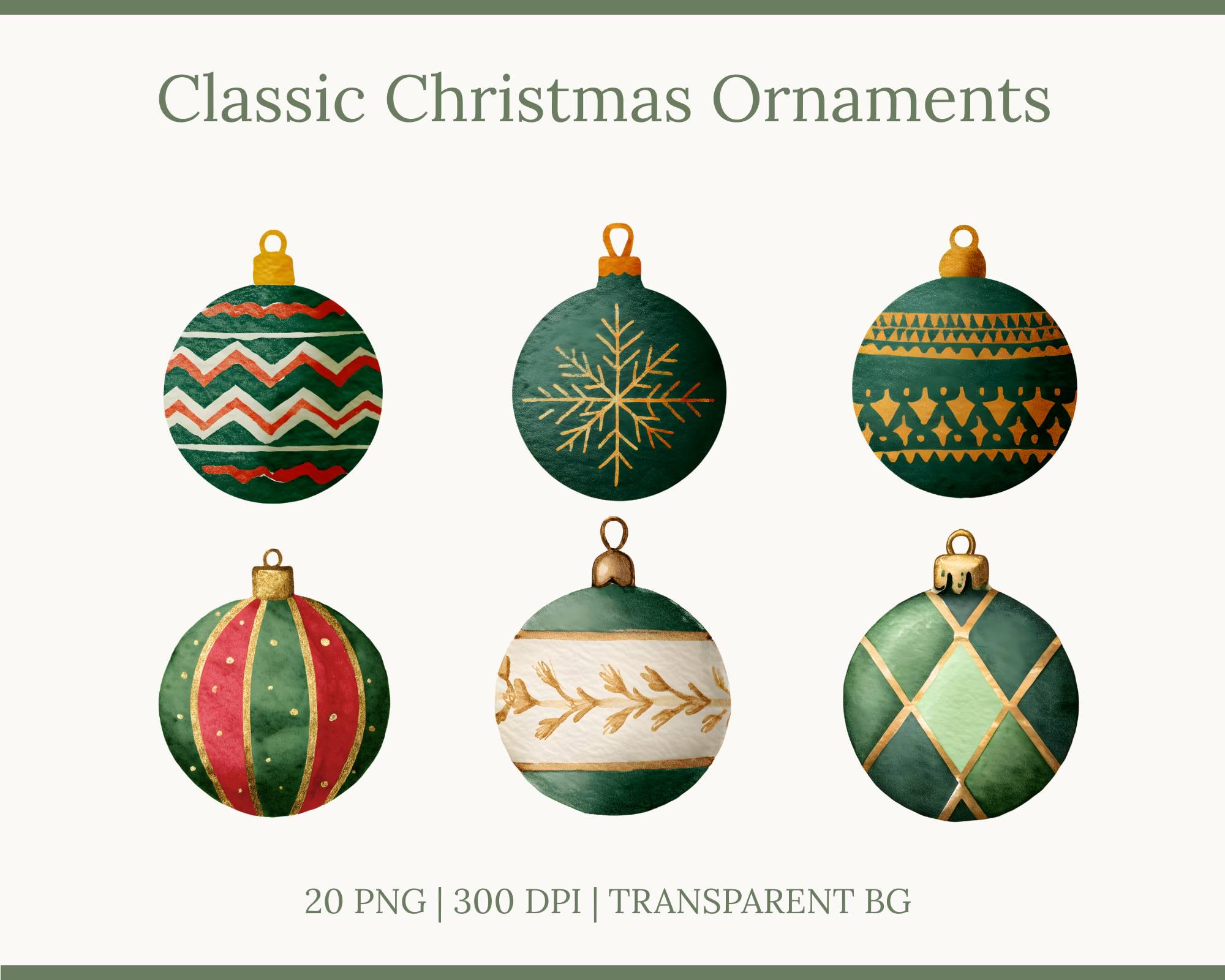 Christmas Ornaments Clipart, Watercolor Baubles PNG, Red Green Gold ...