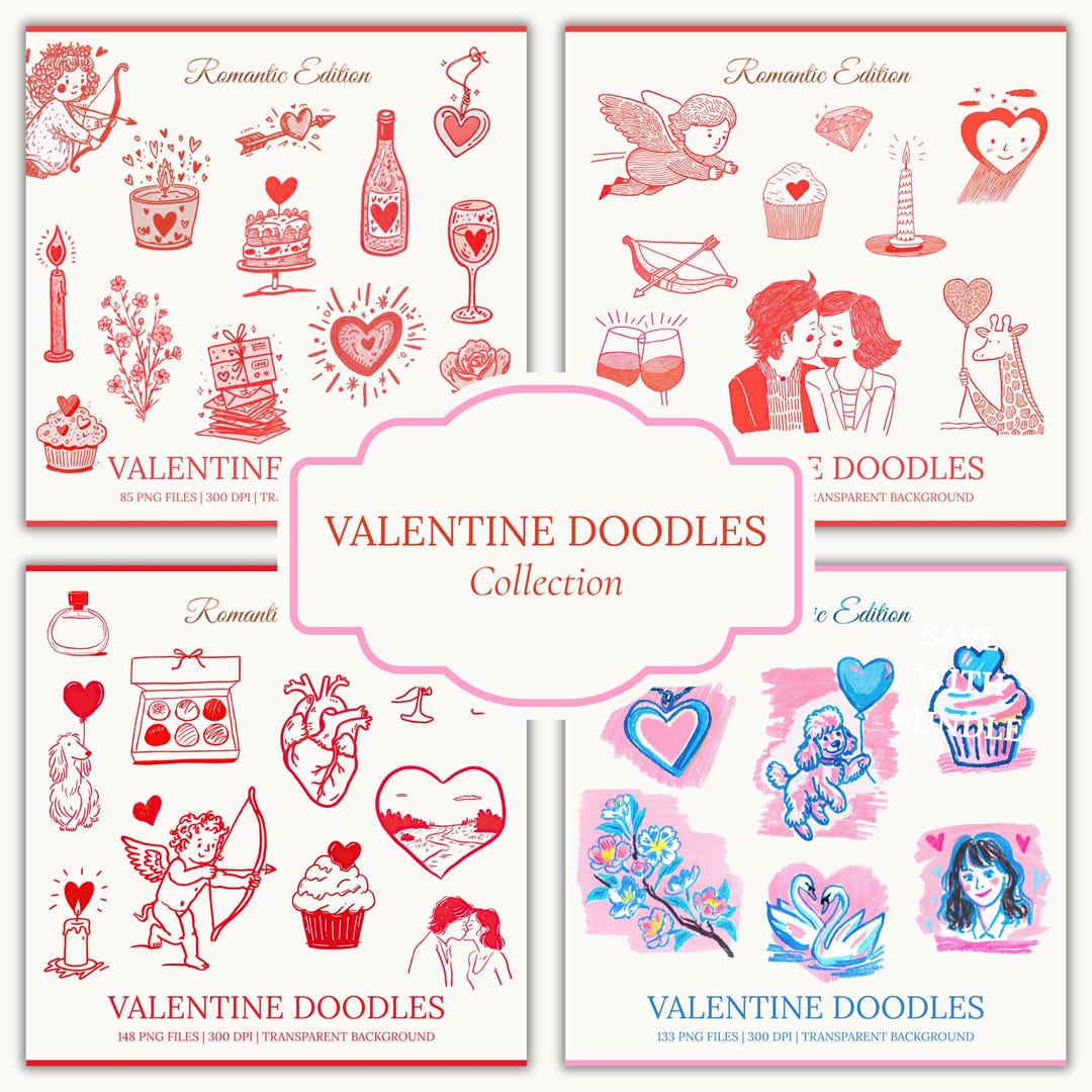 Valentine Doodles Clipart Bundle, Valentine Day PNG Collection Hearts ...