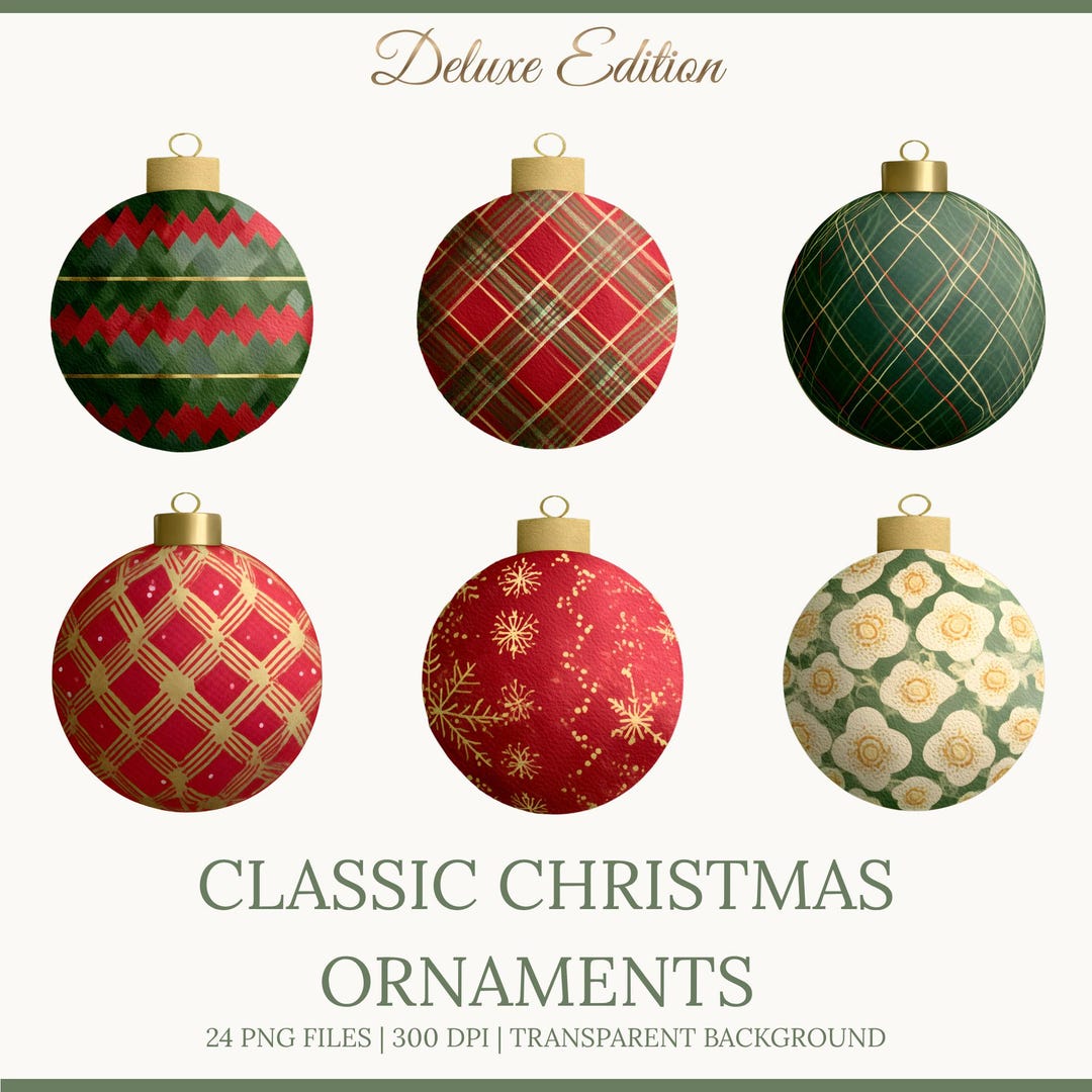 Christmas Ornaments Clipart, Red Green Baubles PNG, Classic Watercolor ...