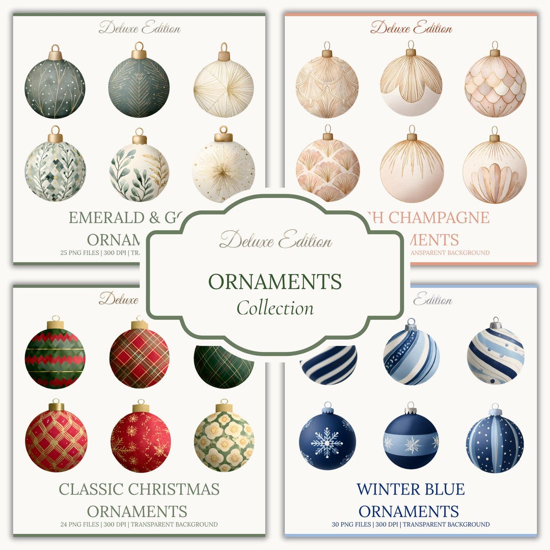 Christmas Ornaments Clipart Bundle, Deluxe Baubles PNG, Pink Gold Blue ...