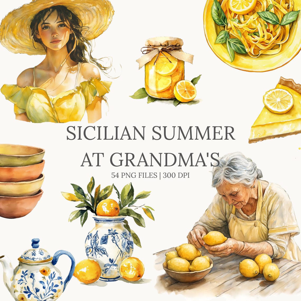 Watercolor Sicily Clipart: Lemon & Mediterranean Art (PNG Downloadable ...