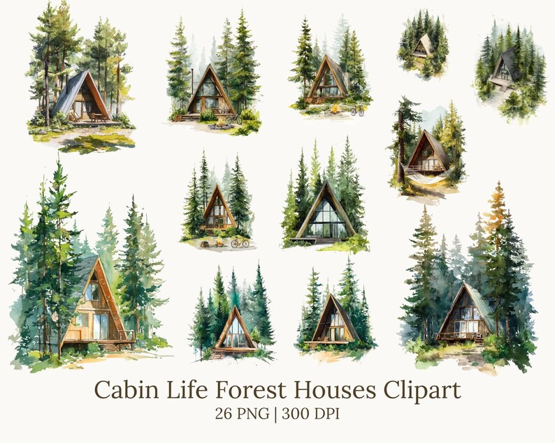 Watercolor Forest Cabin Clipart: A-frame House PNG (digital Download ...