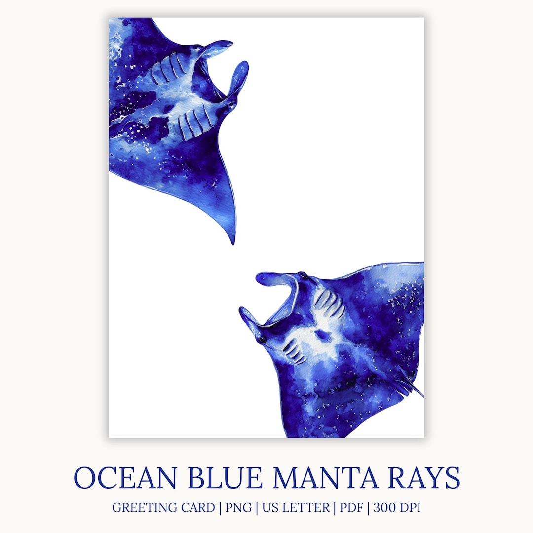 Watercolor Manta Ray Greeting Card: Ocean Blue Nautical Design (digital ...