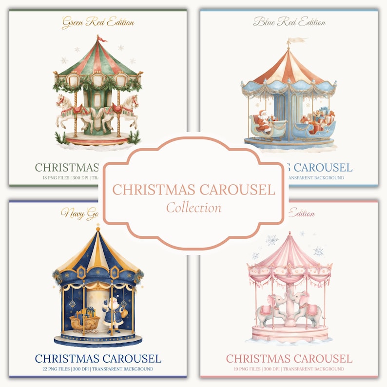 Christmas Carousel Clipart Bundle, Watercolor Merry-go-round Collection ...