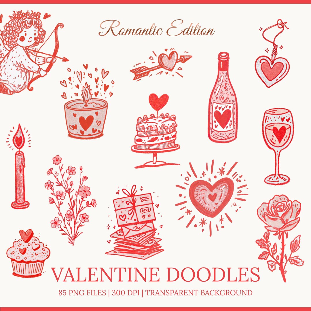 Valentine Doodles Clipart, Valentine Day PNG, Cupid Hearts Candles Love ...