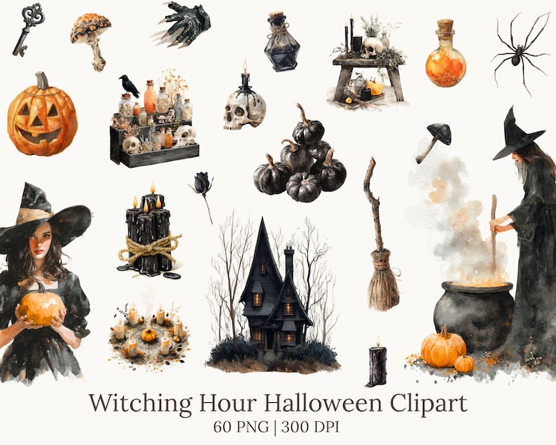 Watercolor Halloween Clipart Bundle: Witch, Ghost, Pumpkin (digital ...