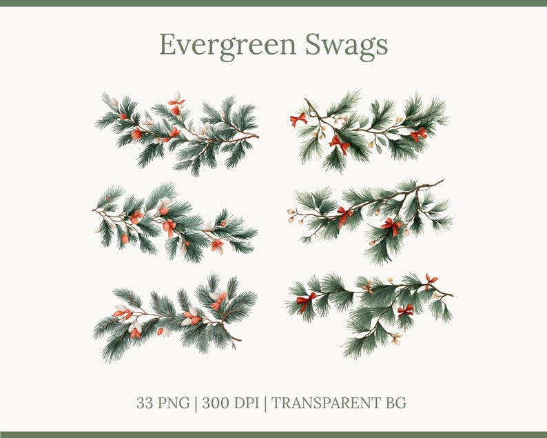 Watercolor Christmas Greenery Clipart, Holiday Garland PNG, Evergreen ...