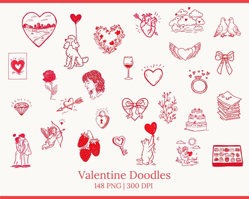 Valentine Doodles Clipart, Valentine Day PNG, Love Letter Cupid Hearts ...