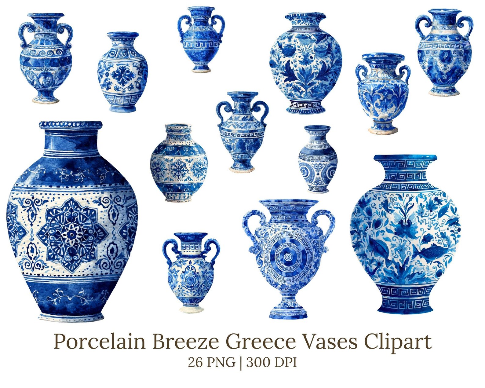 Ancient Greek Vase Watercolor Clipart: Blue Pottery PNG Bundle for ...