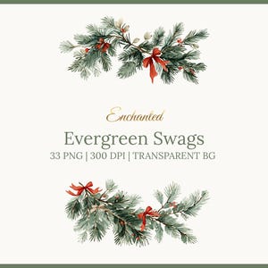 Watercolor Christmas Greenery Clipart, Holiday Garland PNG, Evergreen ...