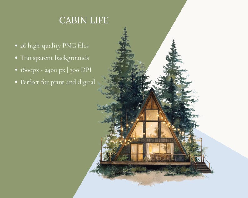 Watercolor Forest Cabin Clipart: A-frame House PNG (digital Download ...
