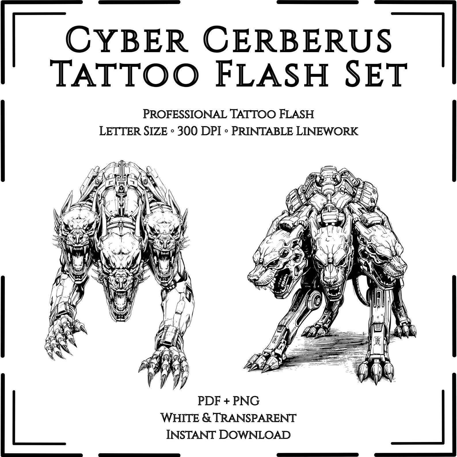 Cyber Cerberus Tattoo Flash Set – Mechanical Three-headed Dog Designs ...