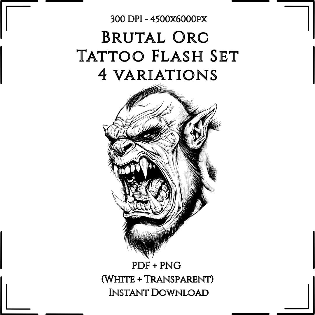 Brutal Orc Tattoo Flash Set – Aggressive Battle Head Blackwork ...