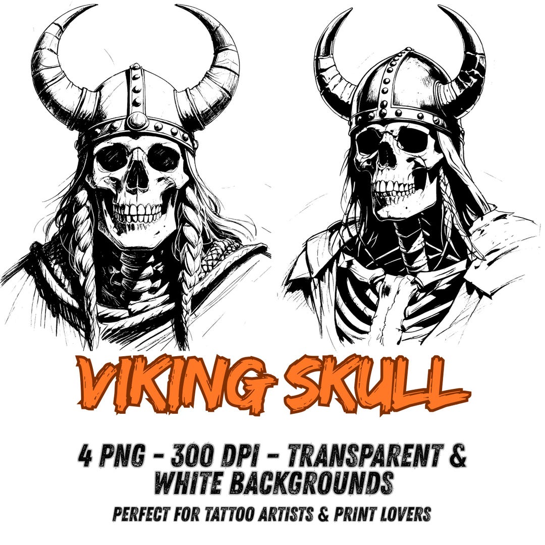 Viking Skull Tattoo Flash Set – Horned Skeleton Warrior Blackwork Line ...