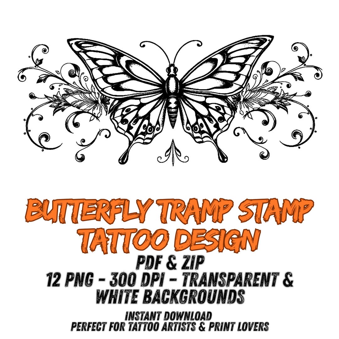 Butterfly Lower Back Tattoo Flash Set | Ornamental Tramp Stamp Stencils ...