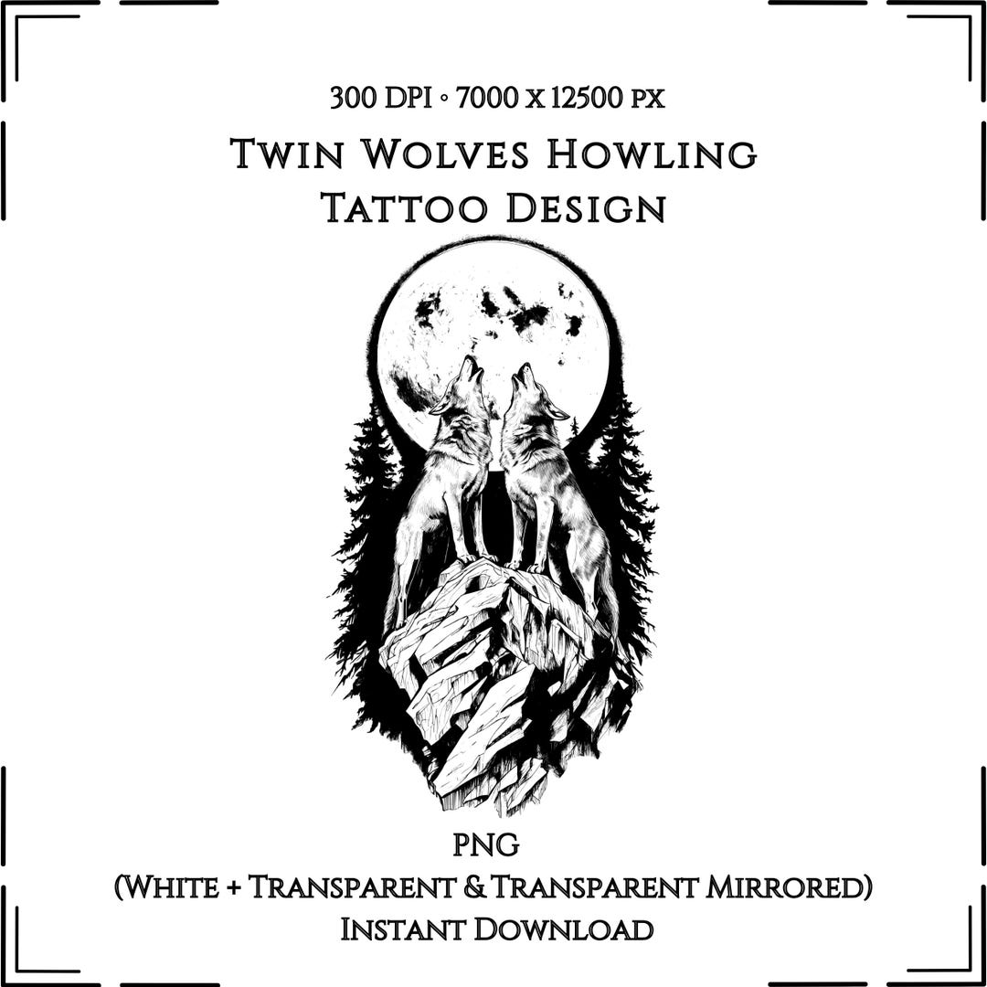 Twin Wolves Howling Tattoo Design | Illustrative Blackwork Moon Forest ...