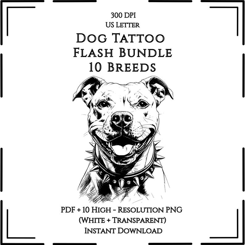 Dog Tattoo Flash Bundle – 10 Dog Breeds Blackwork Line Art, Printable ...