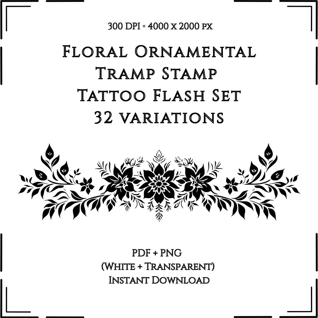 Floral Ornamental Tramp Stamp Tattoo Flash Set | Symmetrical Blackwork ...