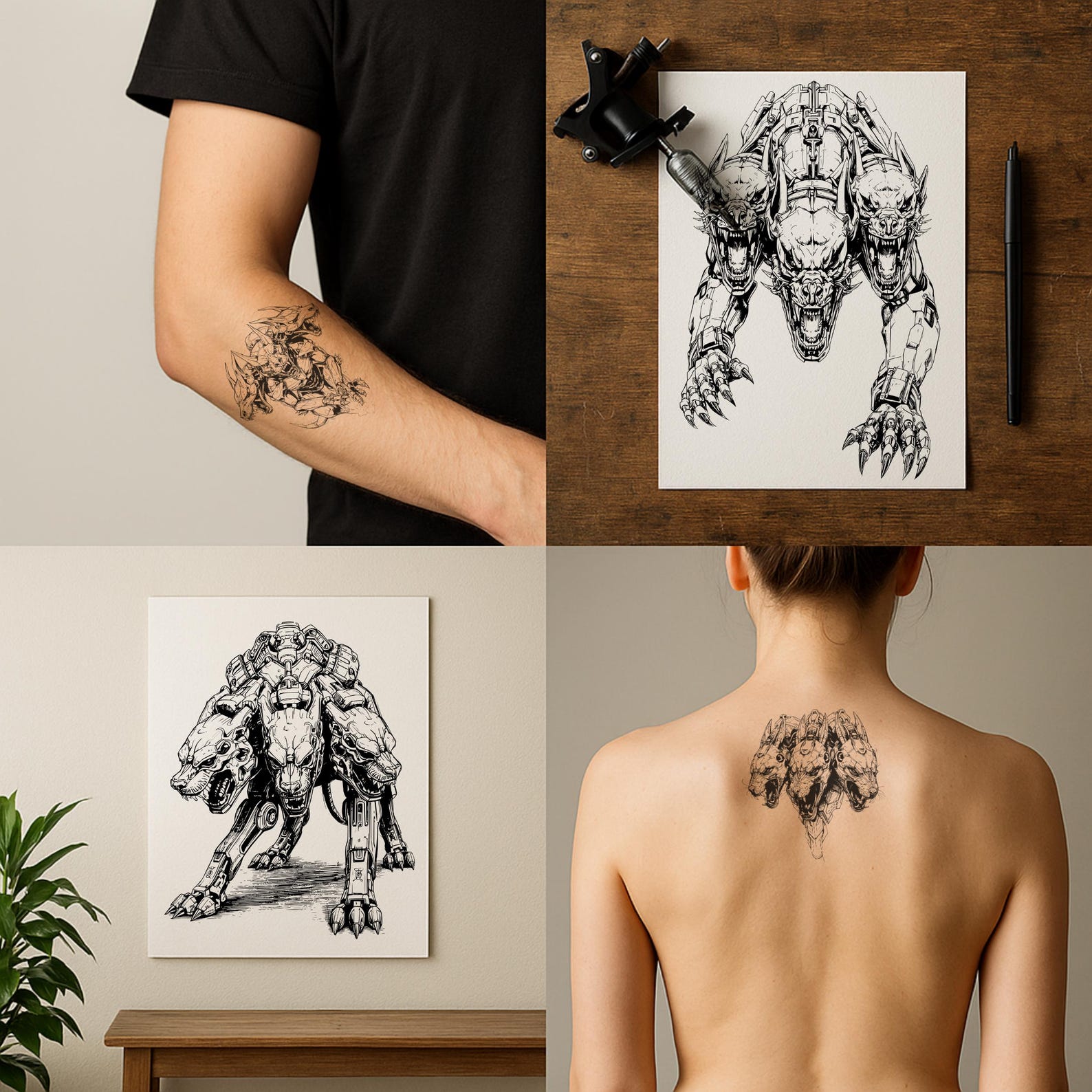 Cyber Cerberus Tattoo Flash Set – Mechanical Three-headed Dog Designs ...