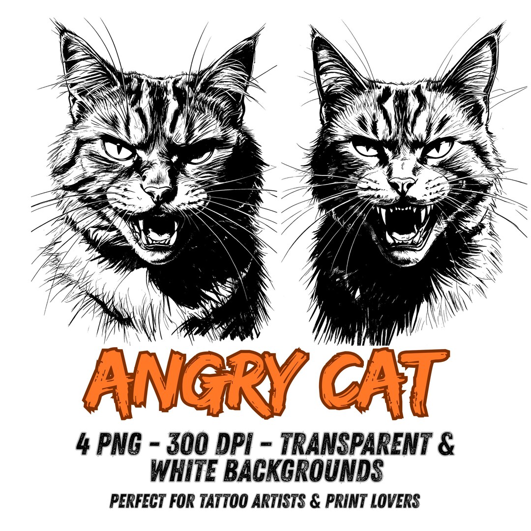 Angry Cat Flash Set – Hissing Feline Tattoo Line Art – 4 Png Printable ...