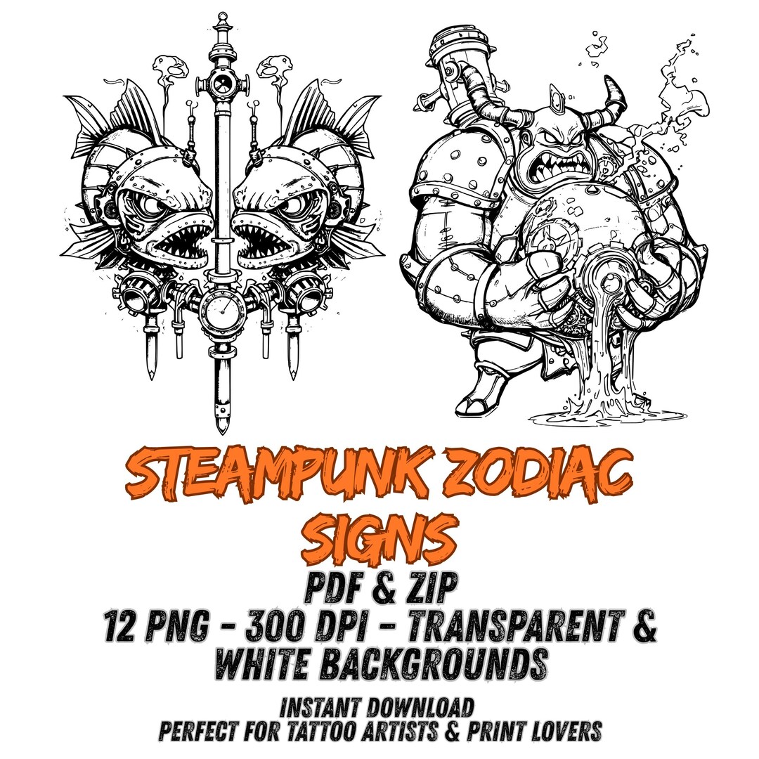 Steampunk Zodiac Tattoo Flash Set – 12 Astrological Line Art Designs ...