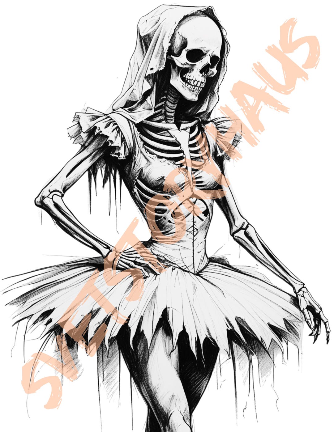 Skeleton Ballerina Tattoo Design – Gothic Ballet Line Art PNG, Grim ...