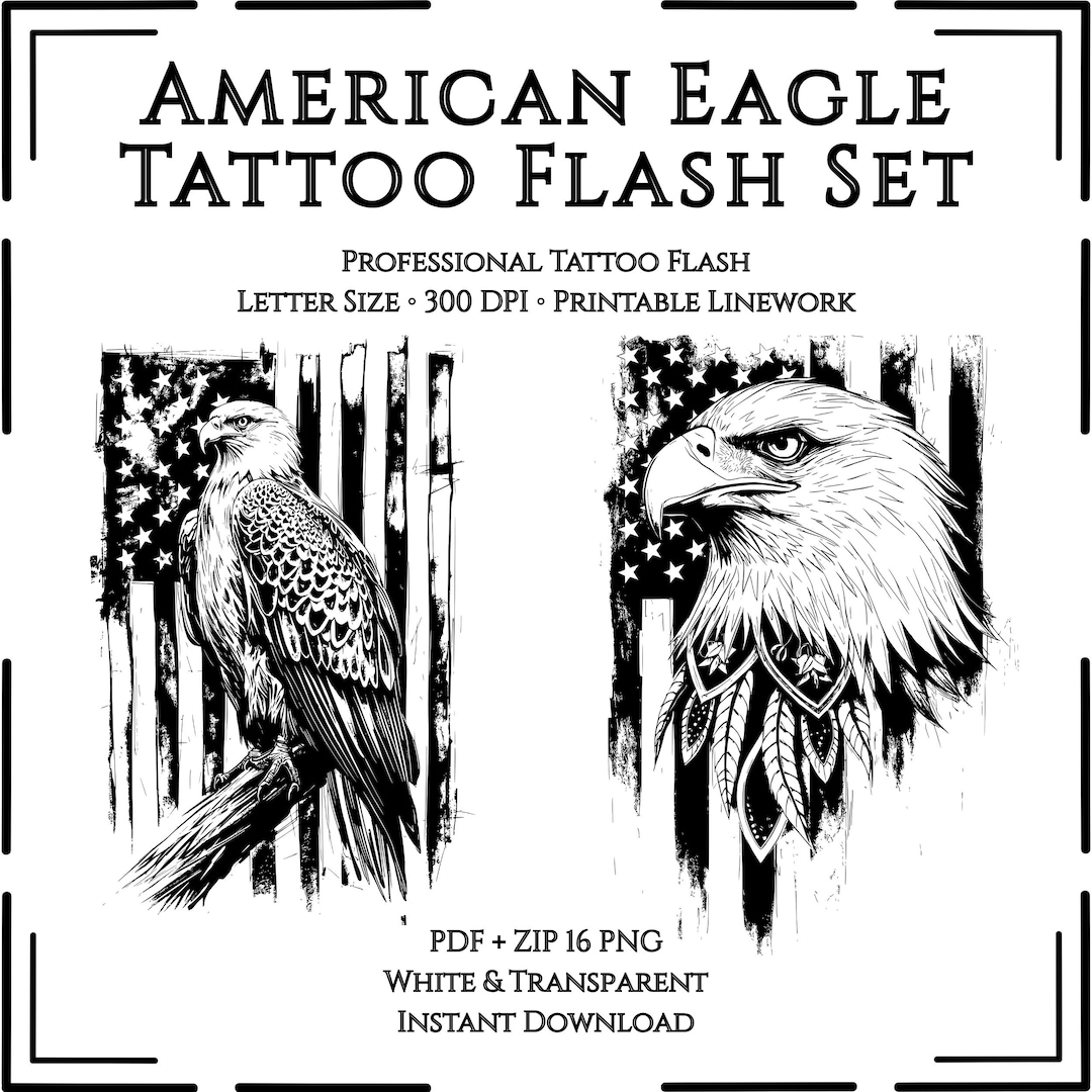 American Eagle Tattoo Flash Set • Patriotic Bald Eagle Linework ...