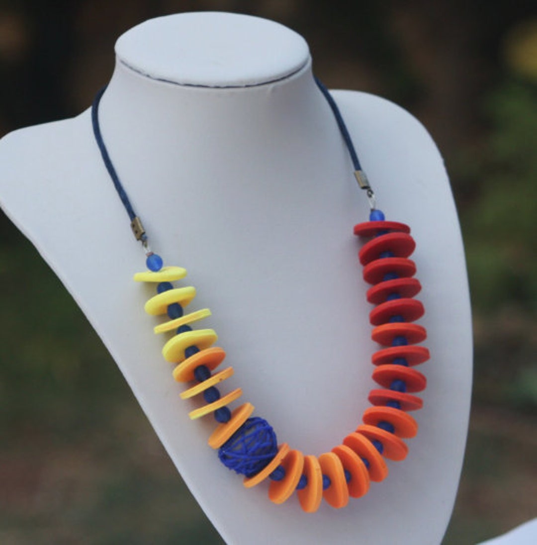 Lively Necklace in Red, Orange, Yellow and Blue, Polymer Clay, Disc ...
