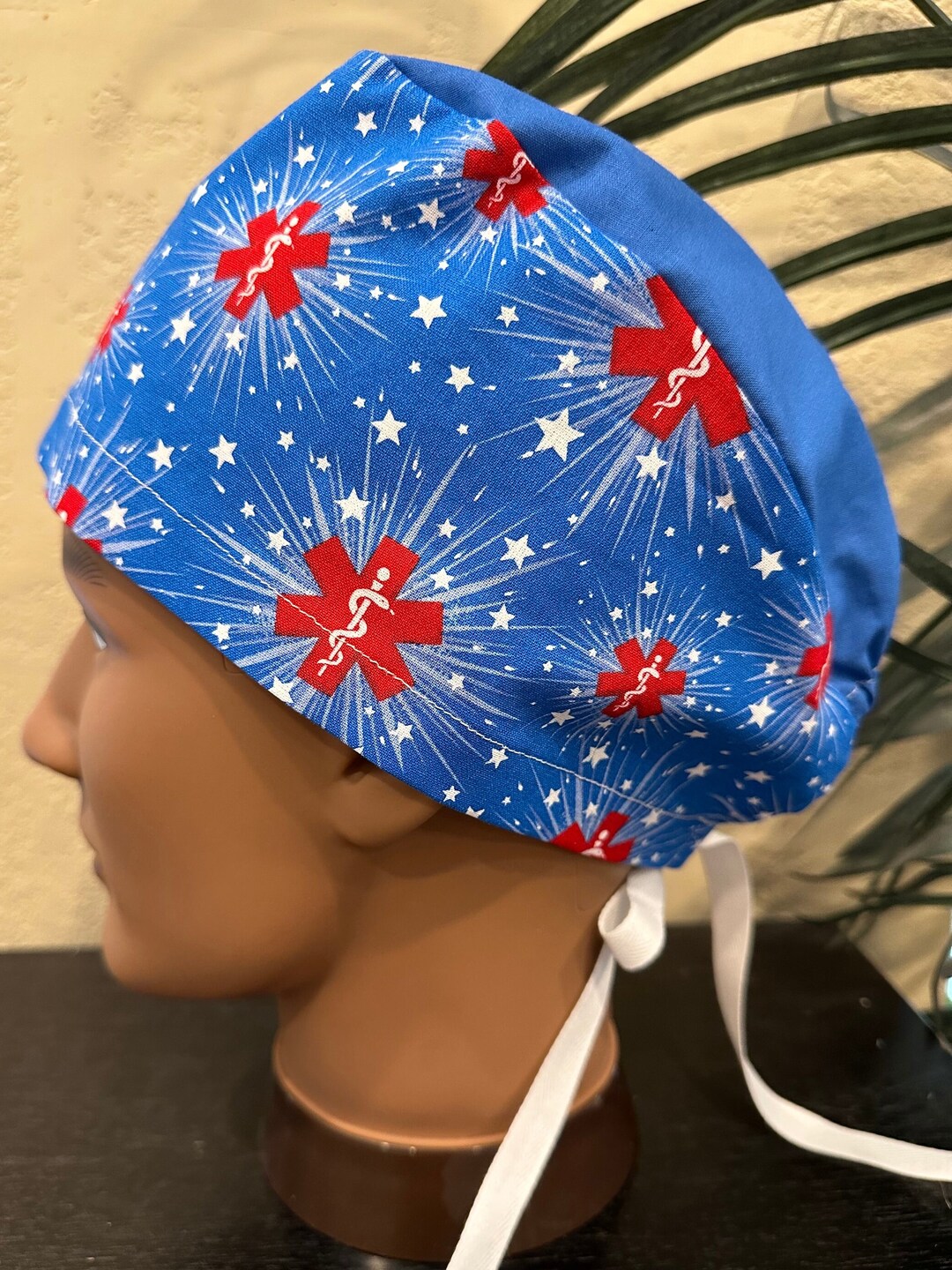 Medical Symbol Red, White & Blue Unisex Scrub Cap Button Option ready ...