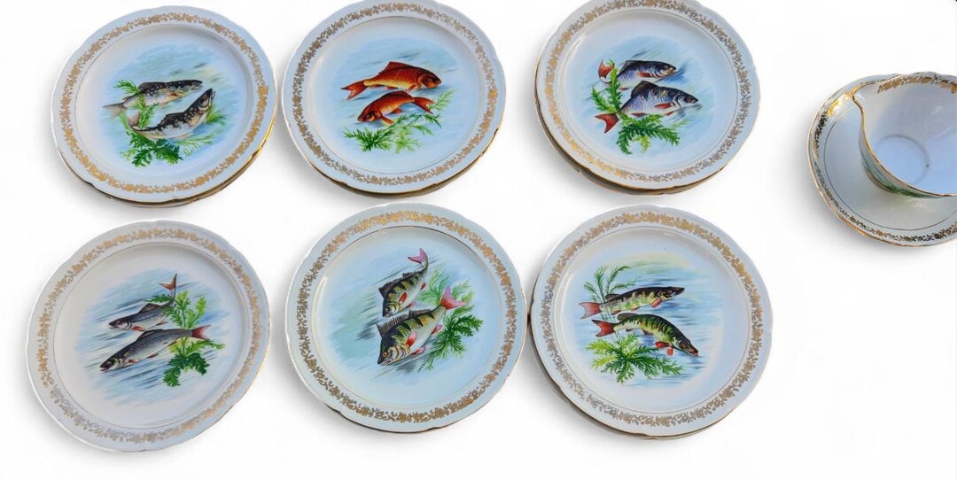La Gazelle Vintage Fish Set – 11 Plates + Sauce Boat – Gold Porcelain ...