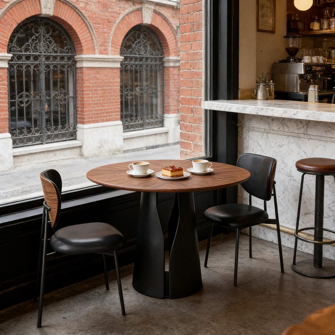 Industrial Round Dining Table Set, Walnut Wood Top With Black Metal ...