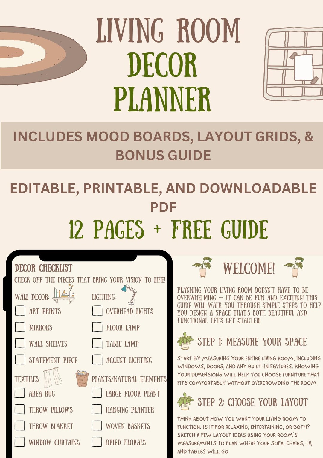 Living Room Planner Printable | Home Decor Layout Workbook | Digital ...