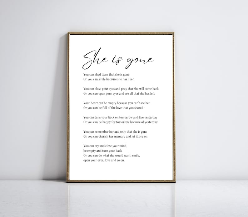 She is Gone Poem, Memorial Funeral Print, Sympathy Poem, Grief and ...
