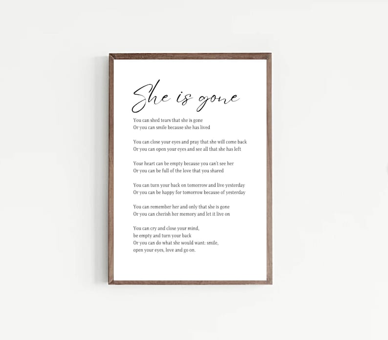 She is Gone Poem Print, Memorial Wall Art, Loss of Mother, Grief ...