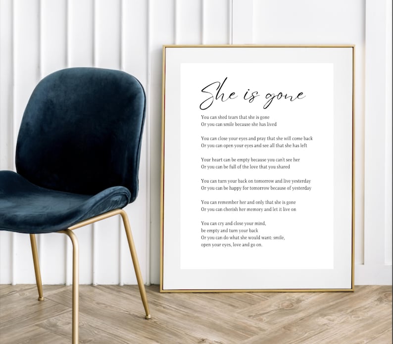 She is Gone Poem Print, Memorial Wall Art, Loss of Mother, Grief ...