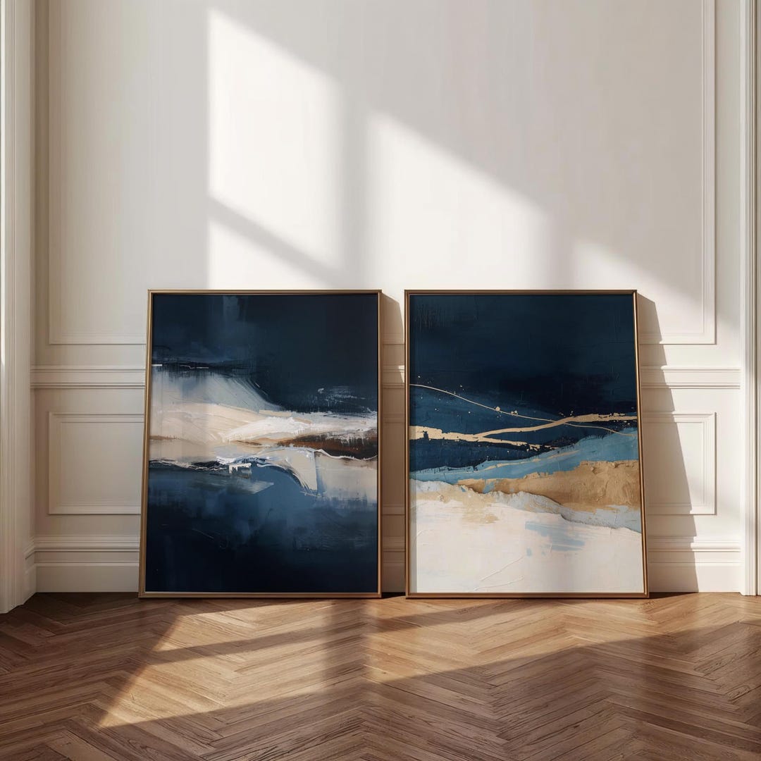Abstract Ocean Oil Painting | Dark Navy & Earthy Tones Wall Art ...