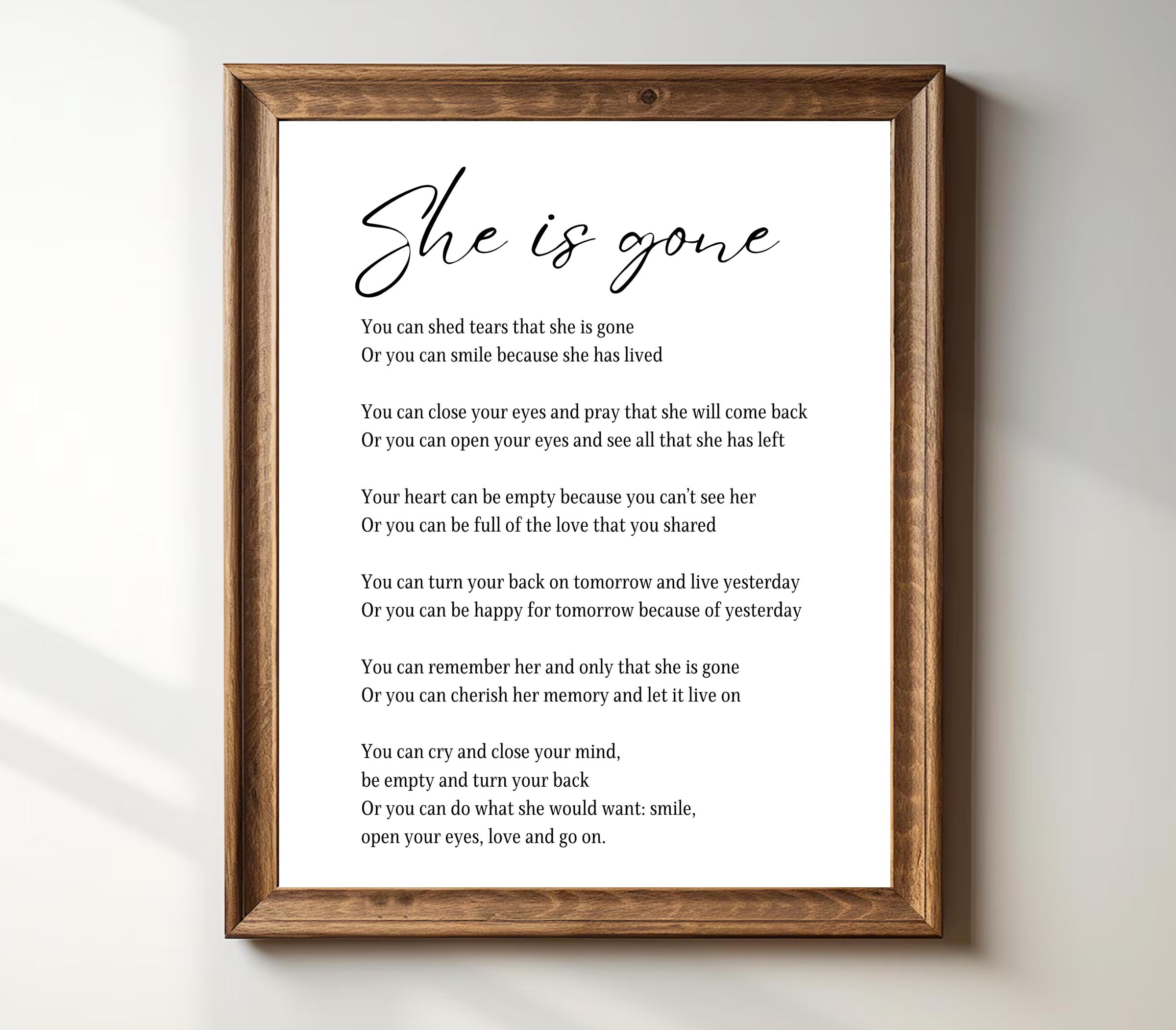 She is Gone Poem, Memorial Funeral Print, Sympathy Poem, Grief and ...