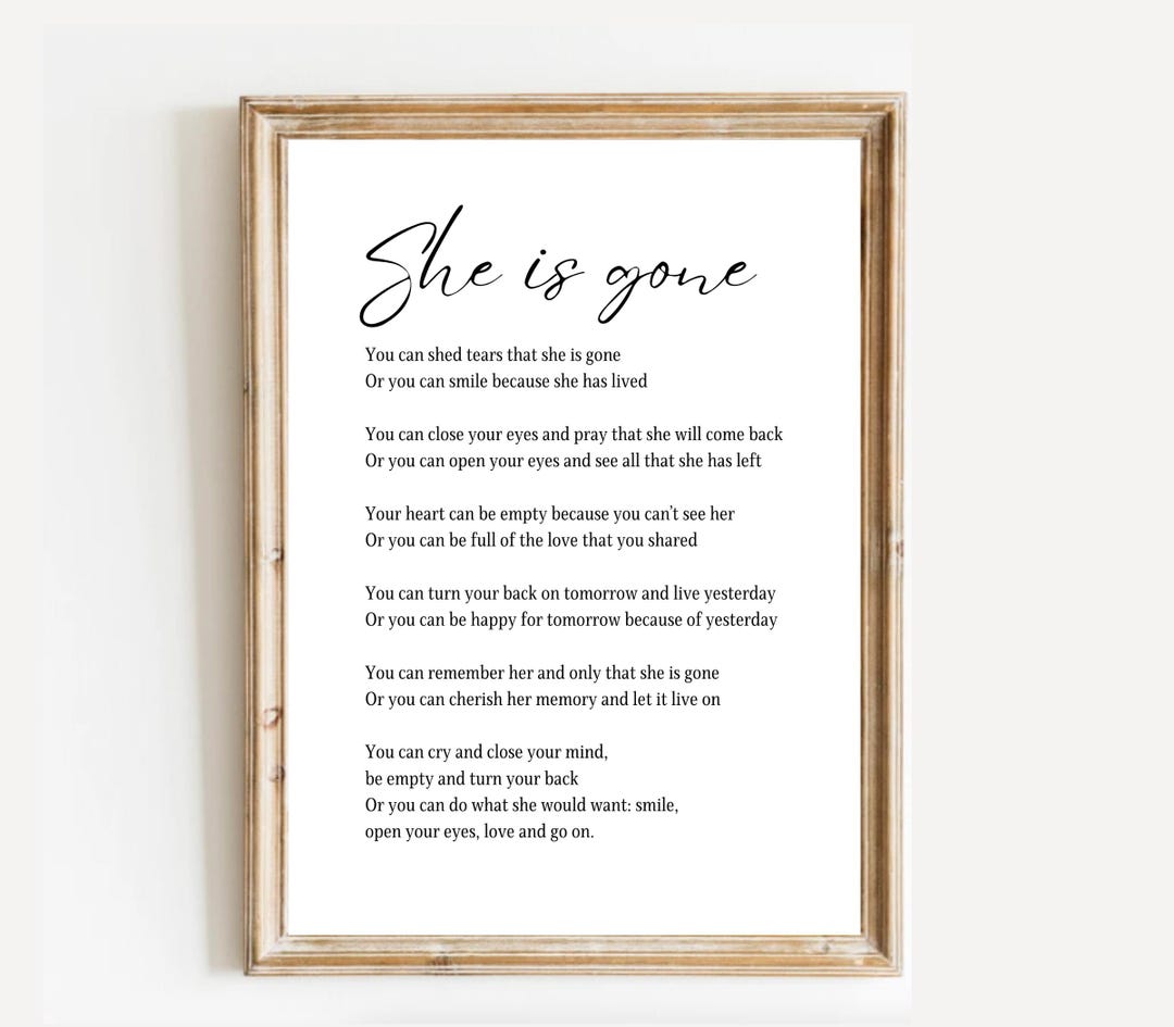 She is Gone Poem Print, Memorial Wall Art, Loss of Mother, Grief ...