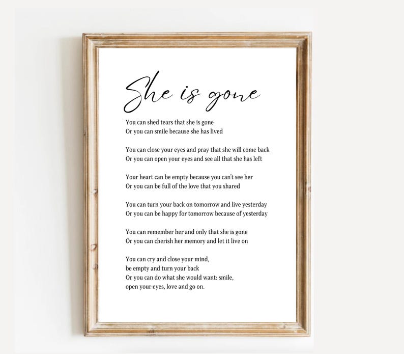 She is Gone Poem Print, Memorial Wall Art, Loss of Mother, Grief ...