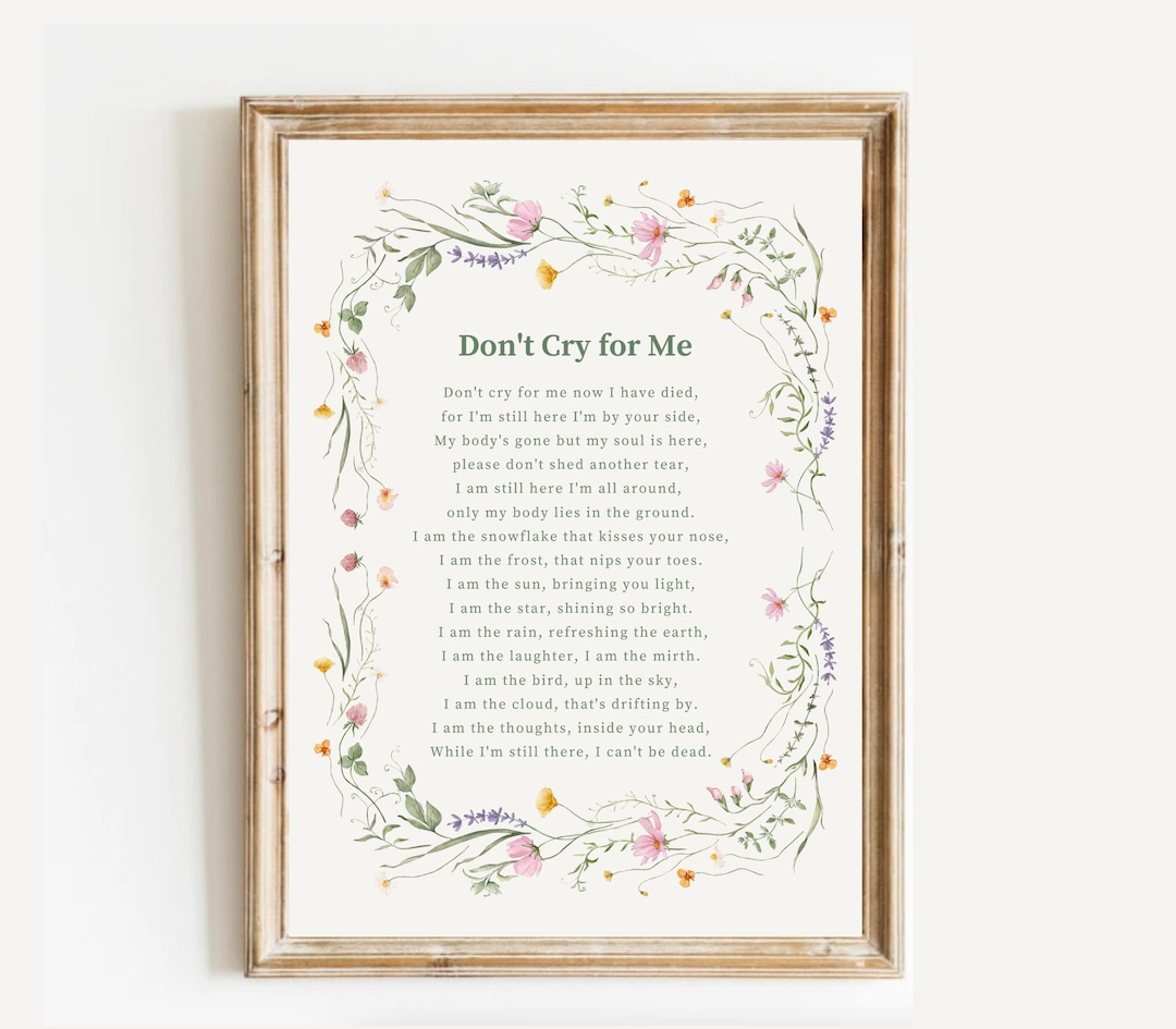 Don’t Cry for Me Poem Printable | Funeral Memorial Wall Art | Sympathy ...