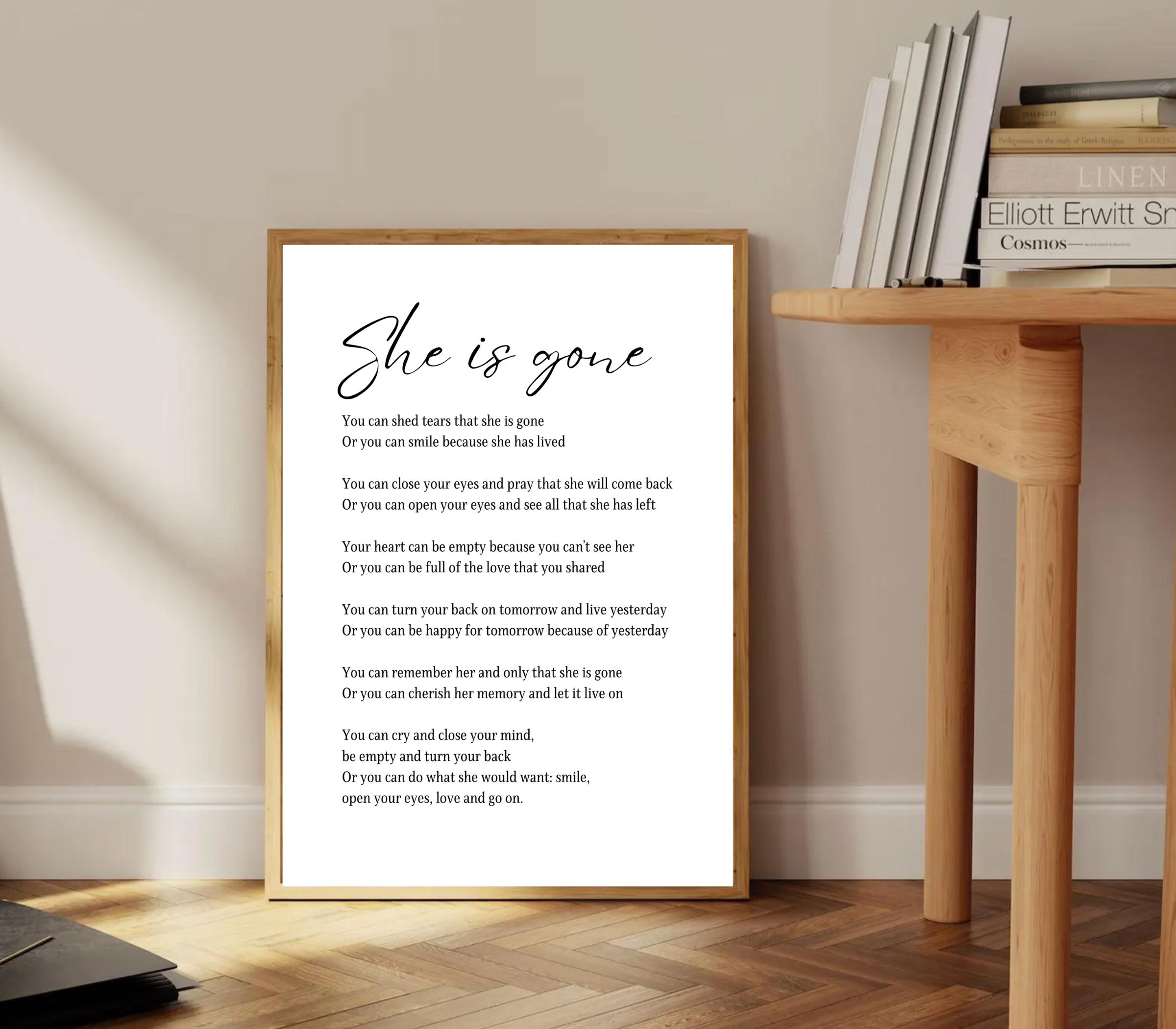 She is Gone Poem Print, Memorial Wall Art, Loss of Mother, Grief ...