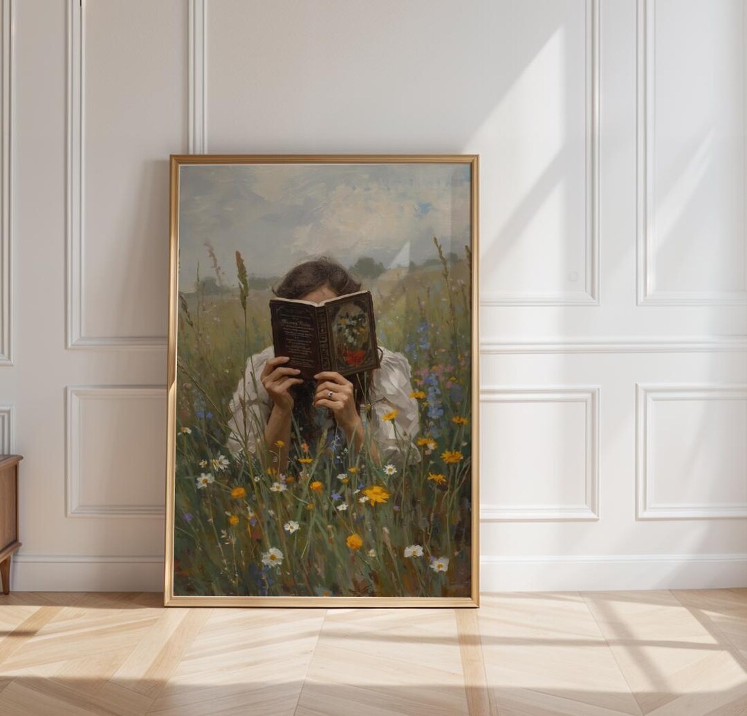 Cottagecore Meadow Print: Woman Reading, Vintage Rustic Decor (digital ...