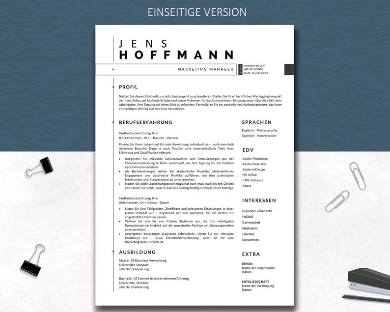 German Resume Template: CV Cover Letter, References (word, Google Docs ...